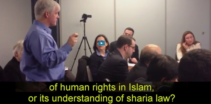 Stephen Coughlin questions members of the OIC Human Rights Committee